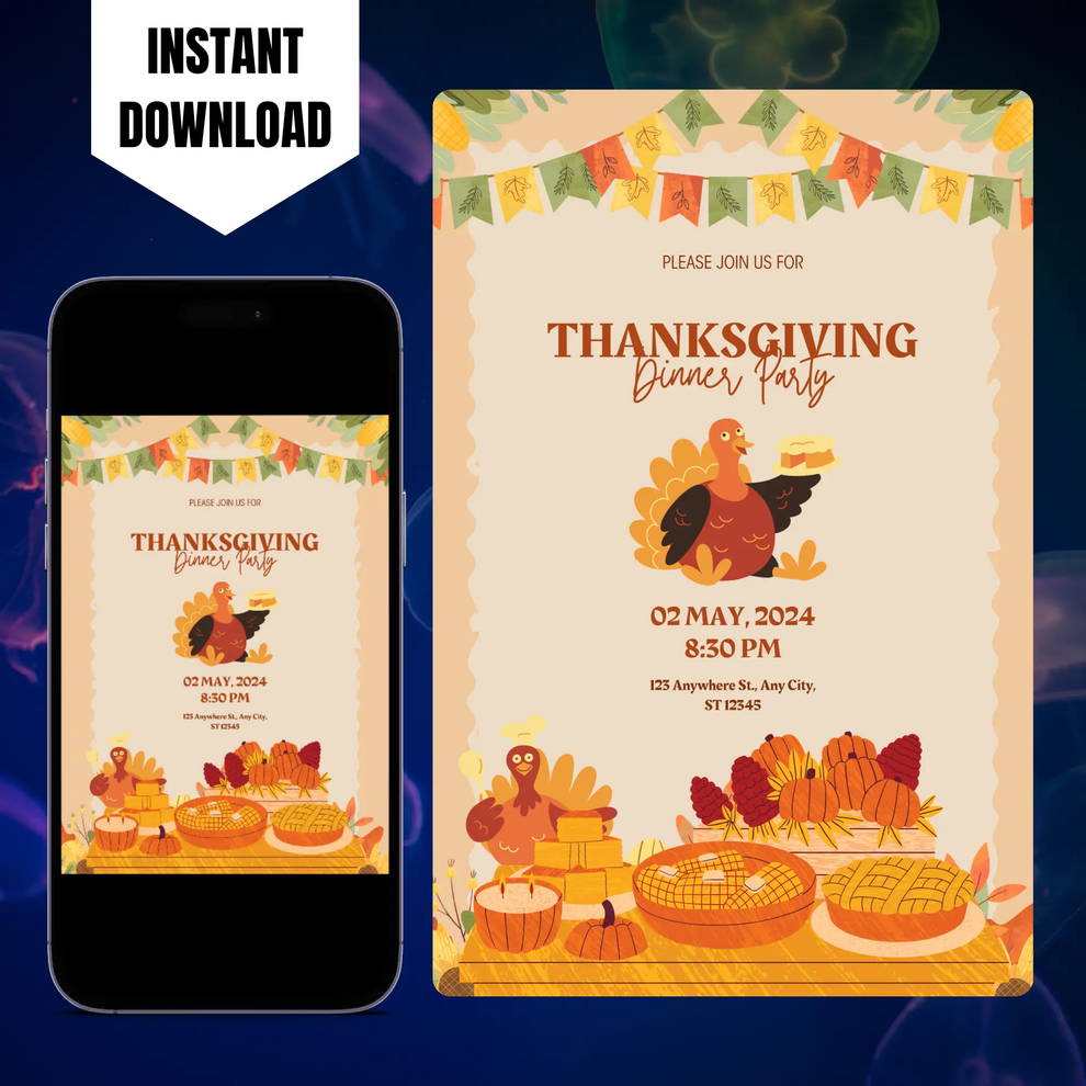 Turkey Thanksgiving Dinner Party Invitation Template – CreativeRino
