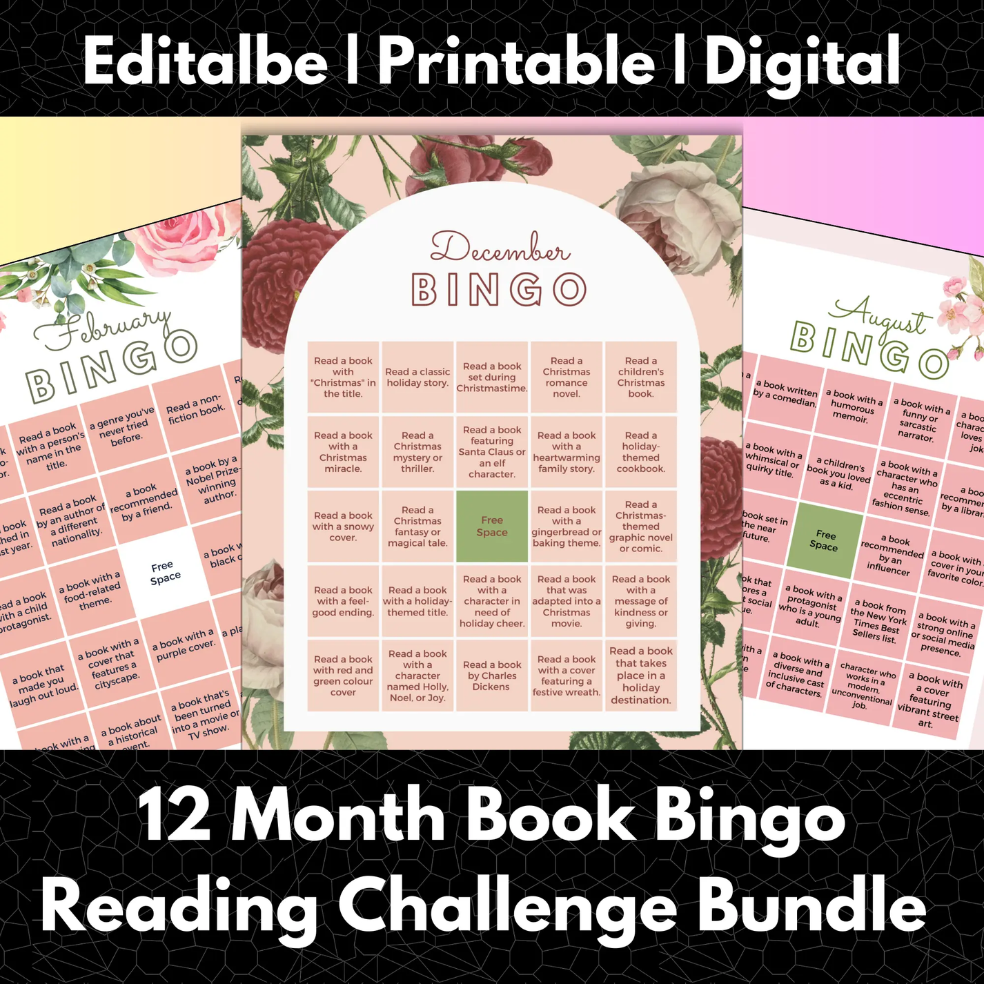 12 Month Book Bingo Reading Challenge Template | Monthly Reading ...
