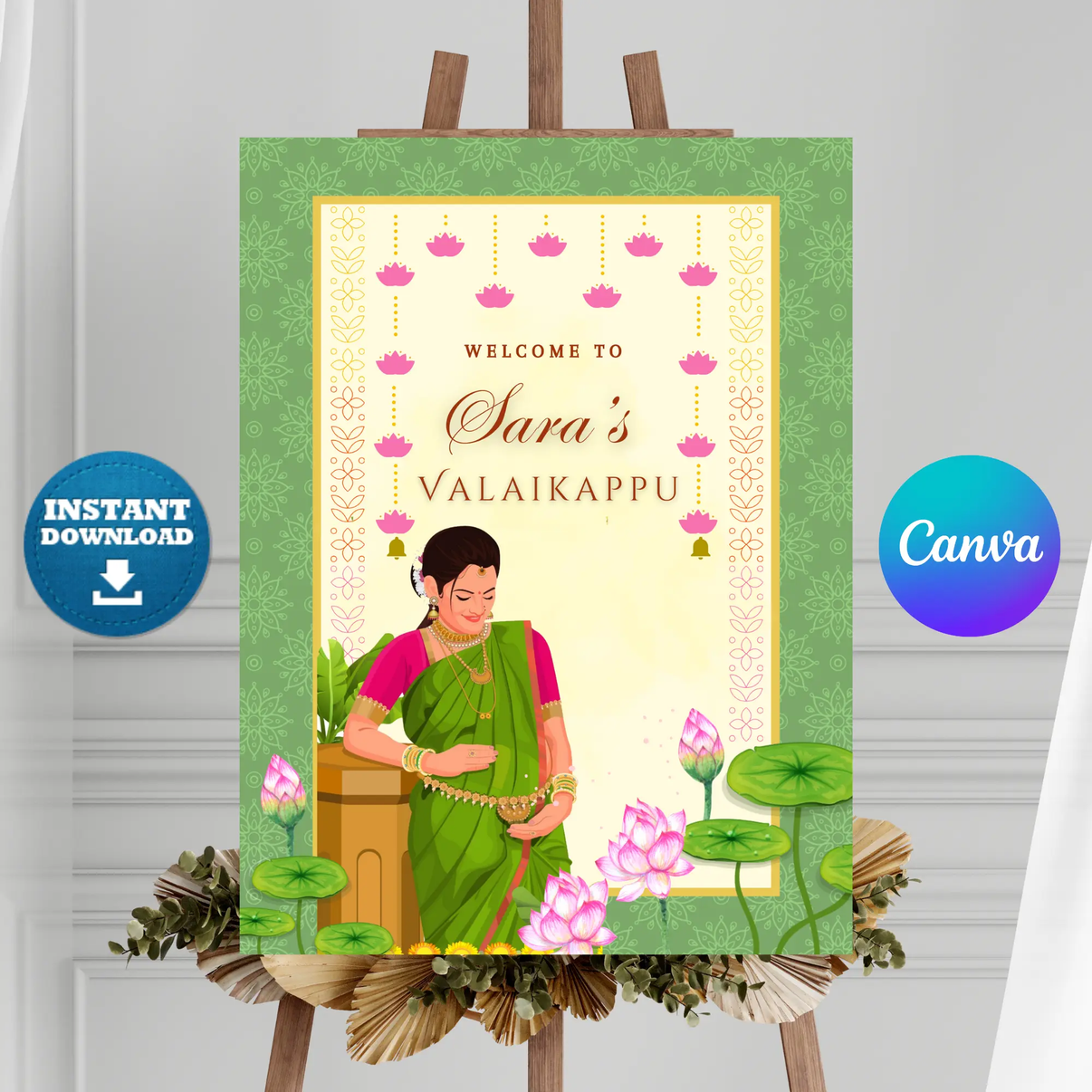 Valaikappu Ceremony Sign Template | Indian Baby Shower Welcome Sign ...