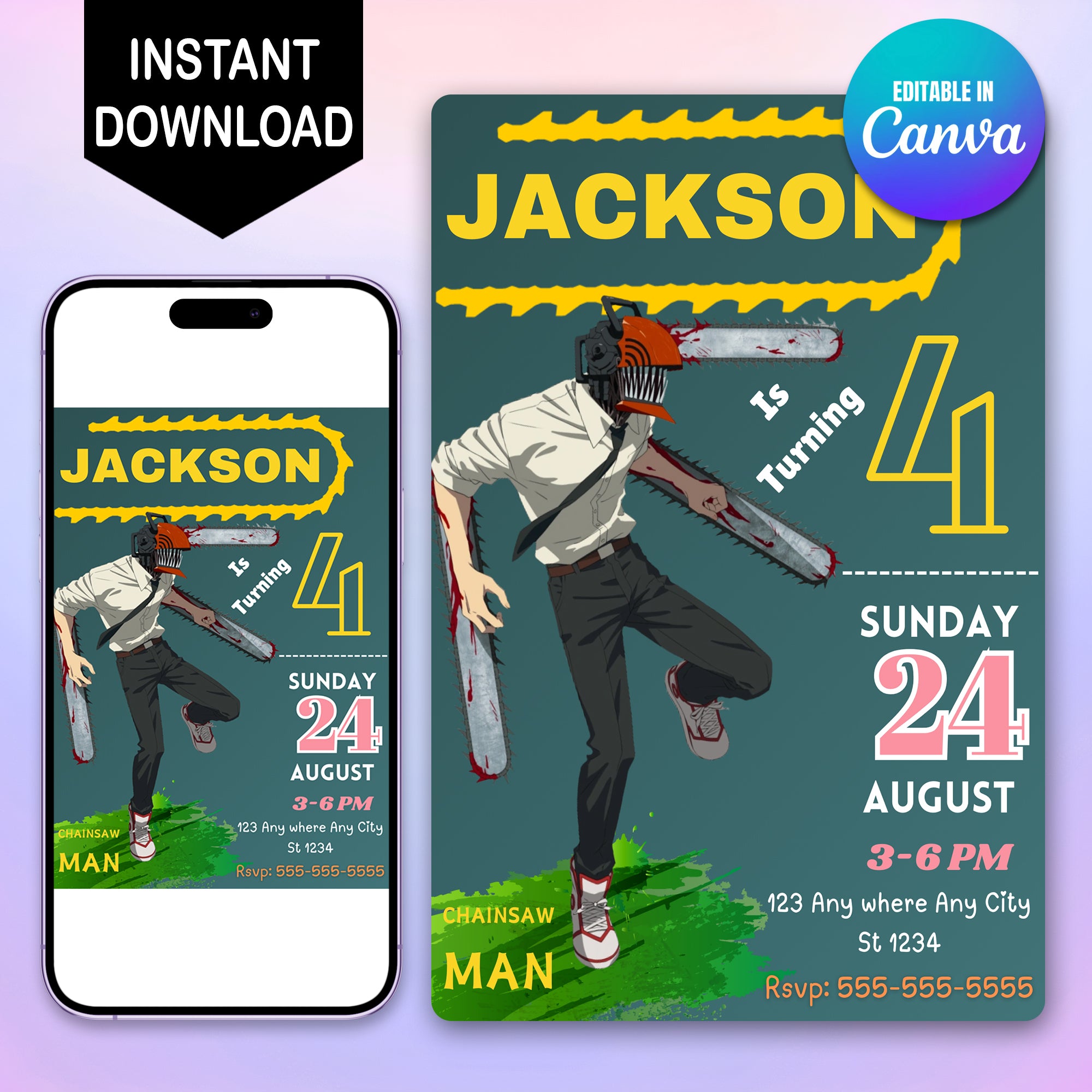 Chainsaw Man Birthday Invitation Template – CreativeRino
