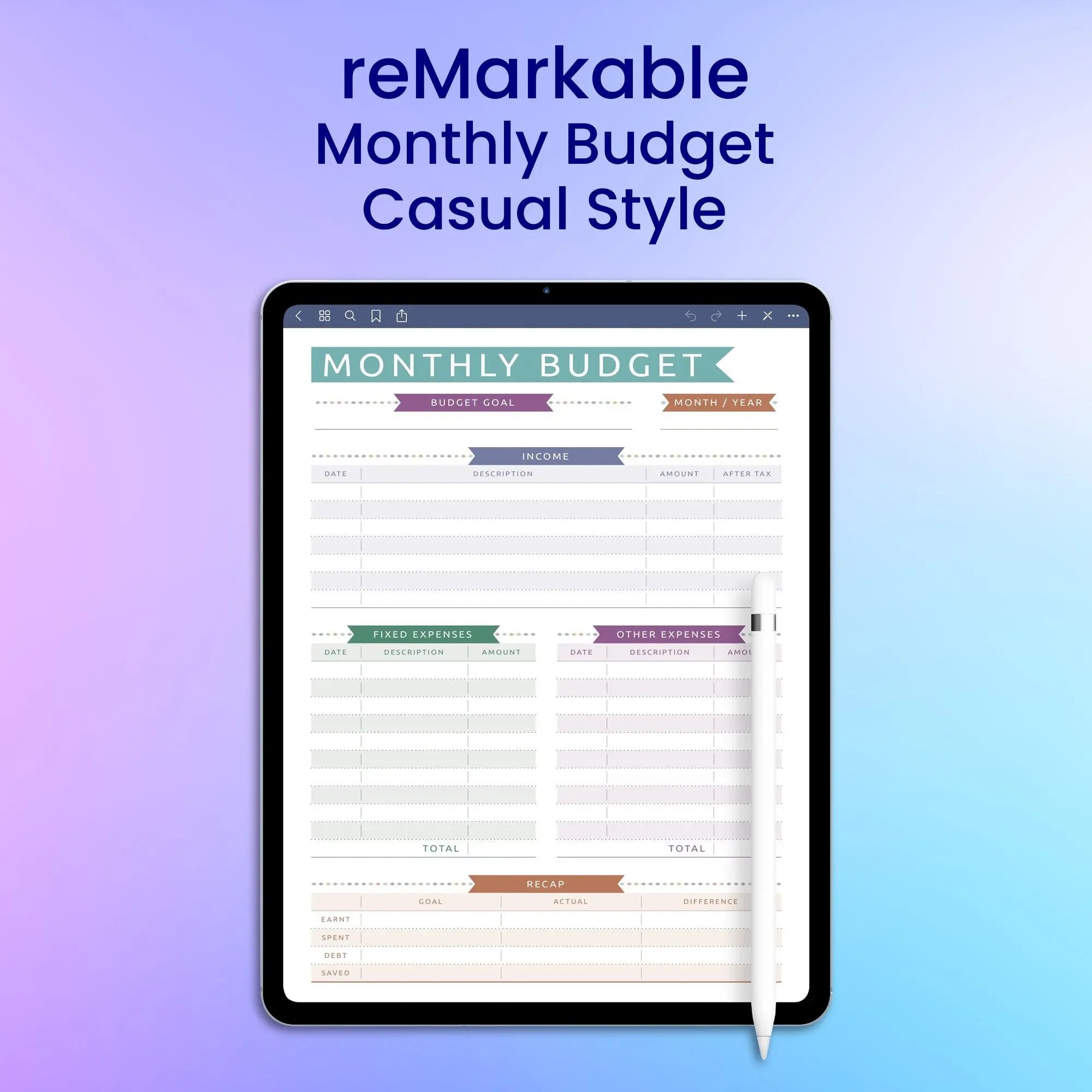 reMarkable 2 Monthly Budget - Casual Style Planner Template – CreativeRino