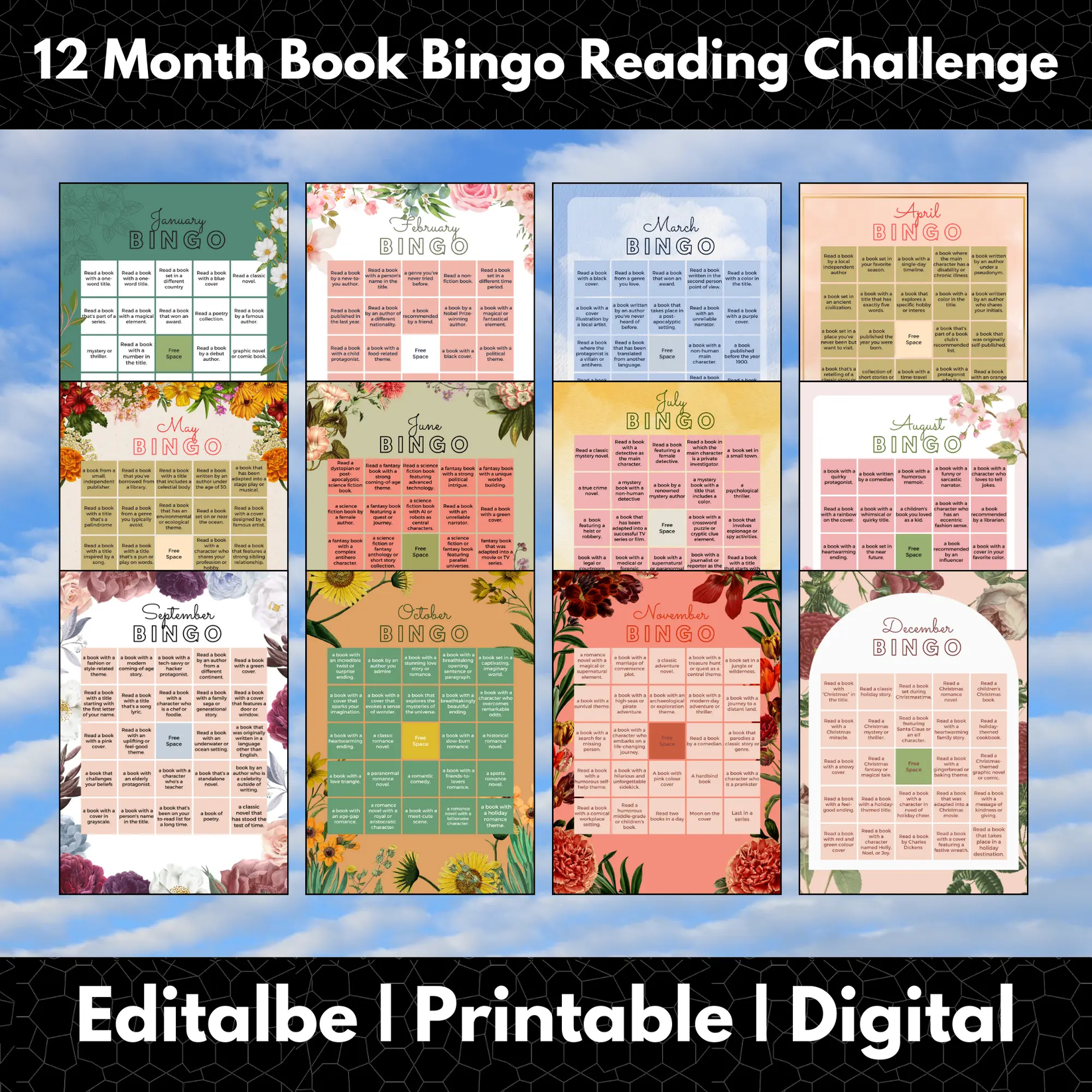 12 Month Book Bingo Reading Challenge Template | Monthly Reading ...