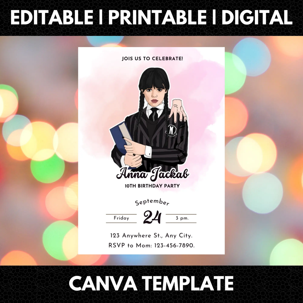 Wednesday Addams Birthday Invitation Template – CreativeRino