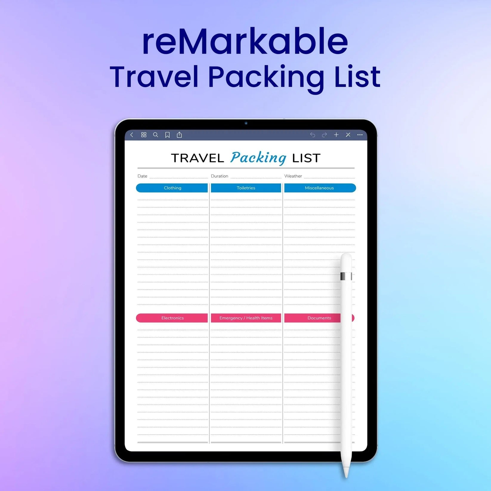 reMarkable 2 Travel Packing List Planner Template – CreativeRino