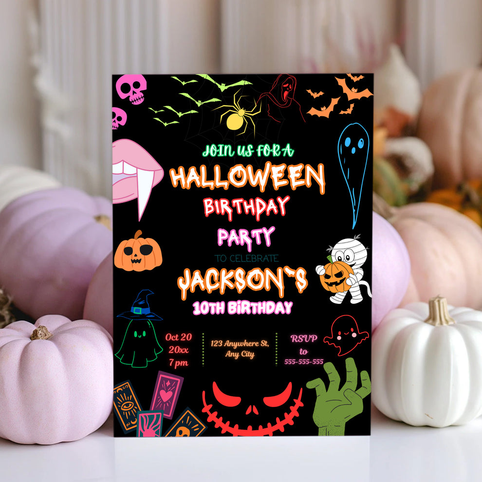Neon Halloween Birthday Party Invitation Template – CreativeRino
