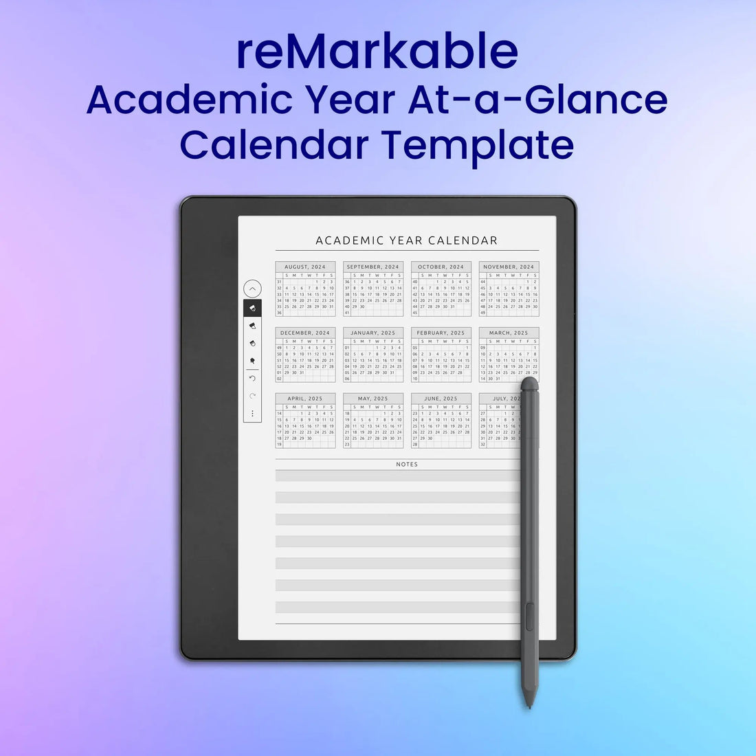 reMarkable 2 Academic Year At-a-Glance Calendar Template Planner Templ ...