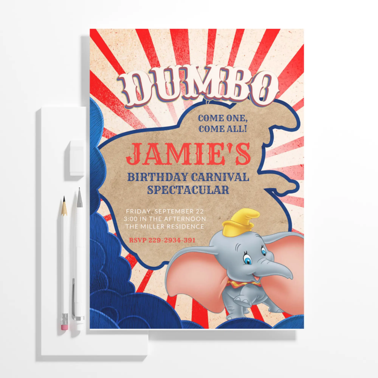 Dumbo Birthday Invitation Template – CreativeRino