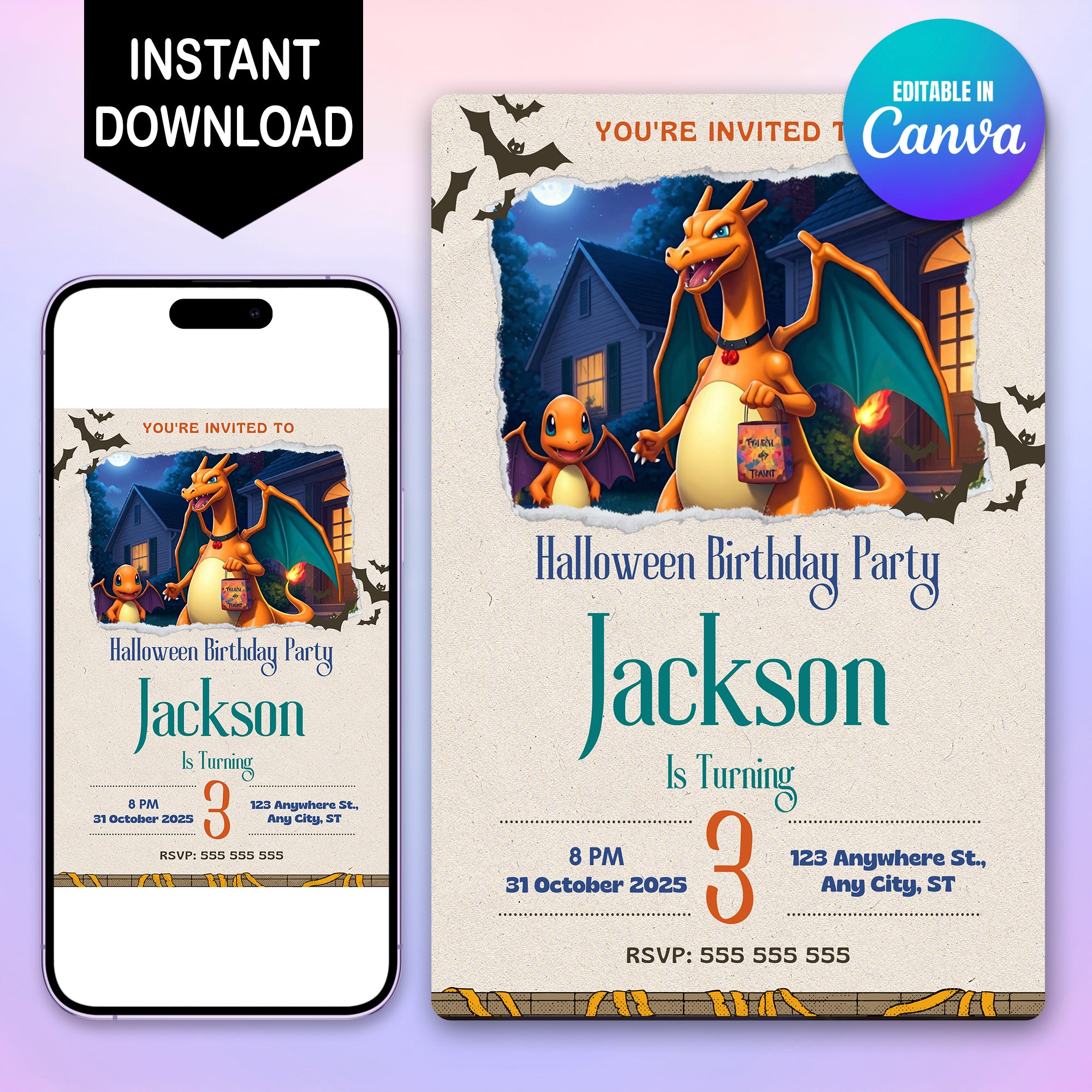 Editable Charizard Halloween Birthday Party Invitation – CreativeRino