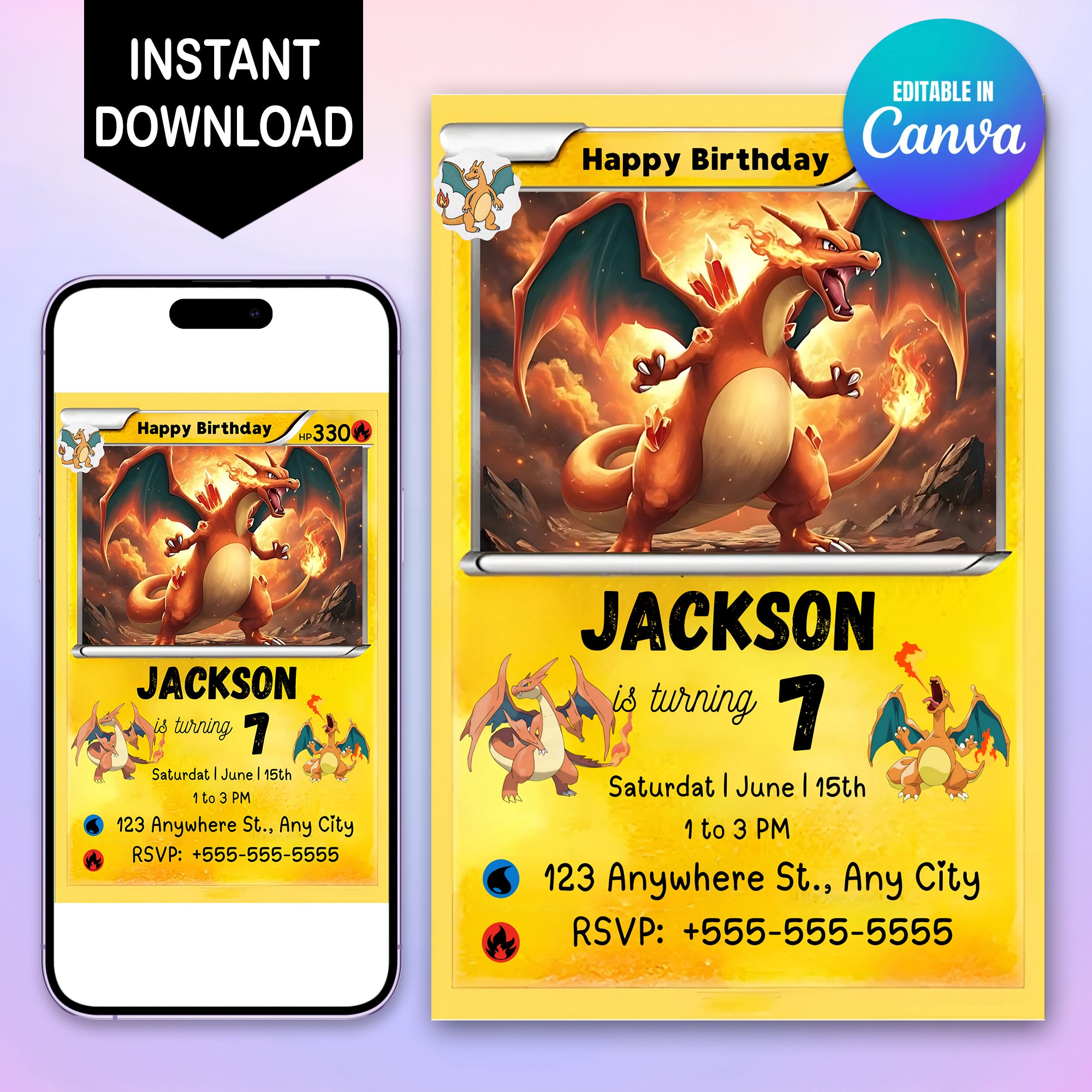 Printable Charizard Pokemon Birthday Card Invitation – CreativeRino