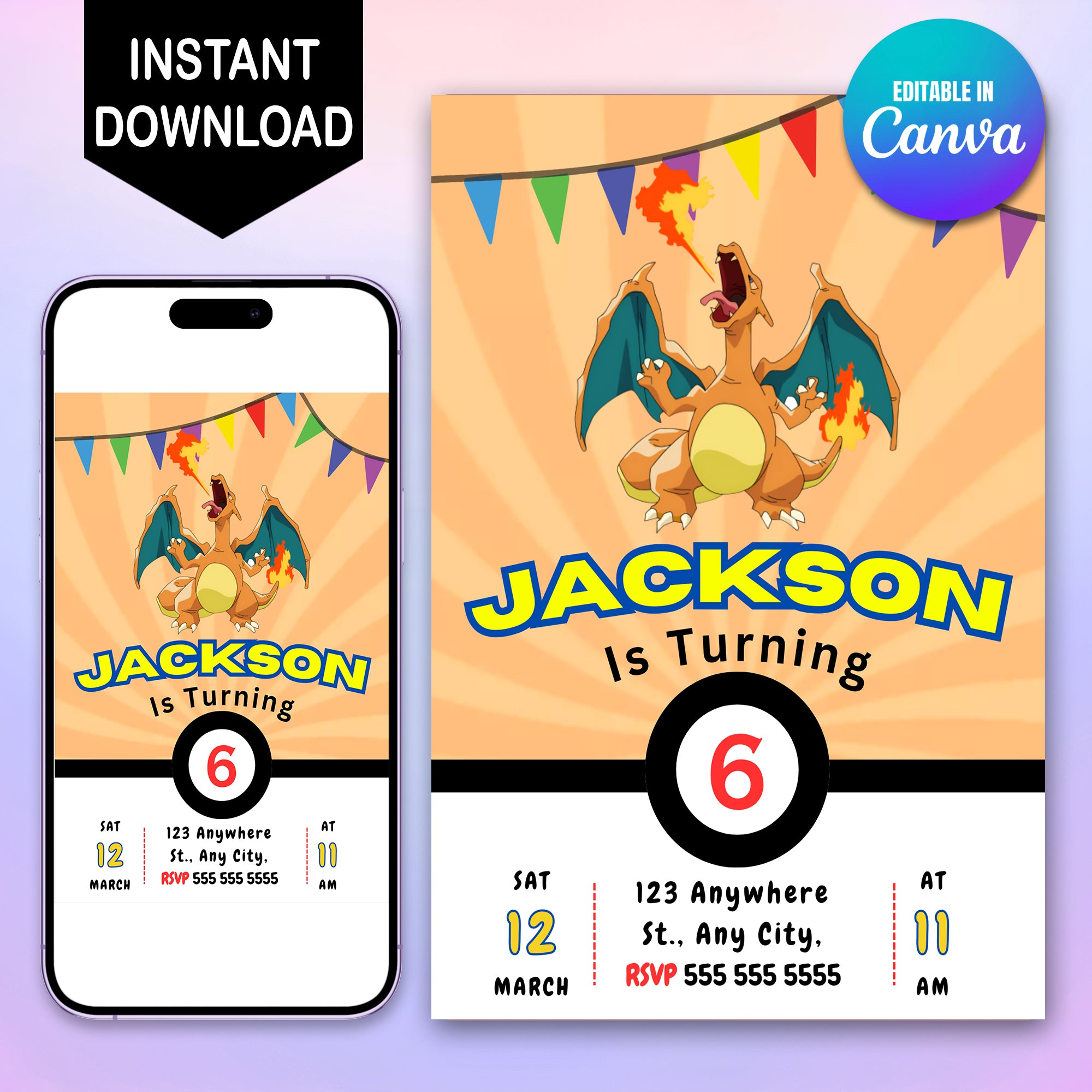 Editable Charizard Birthday Invitation – CreativeRino