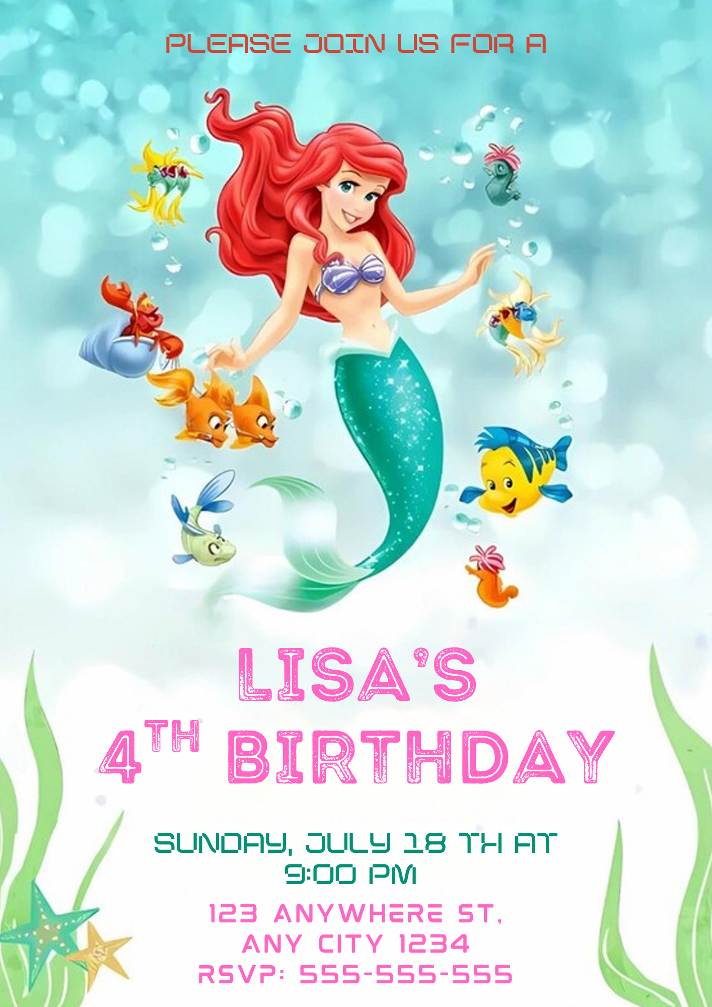 Princess Ariel Birthday Party Invitation – CreativeRino