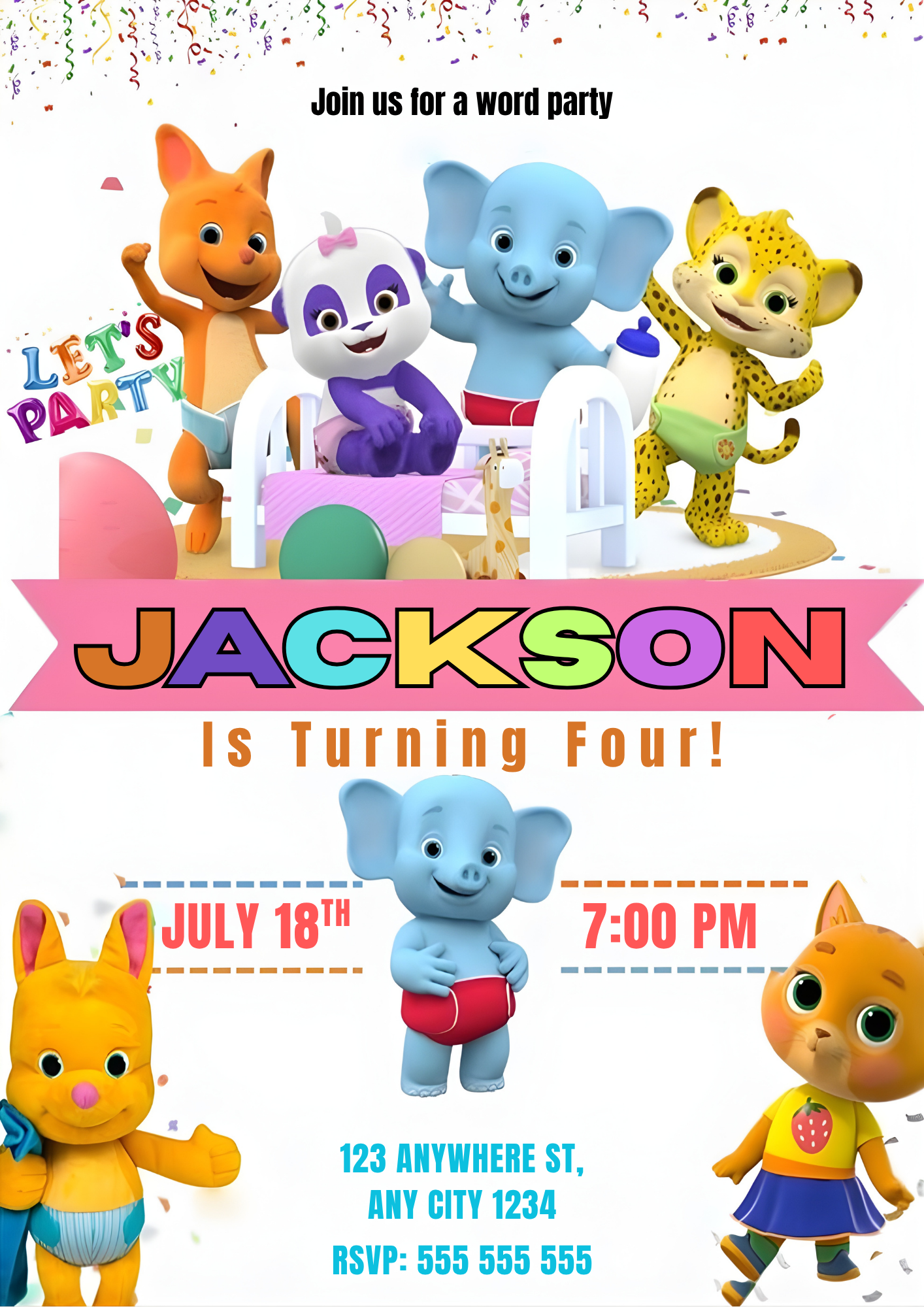 Word Party Kids Birthday Party Invitation – CreativeRino