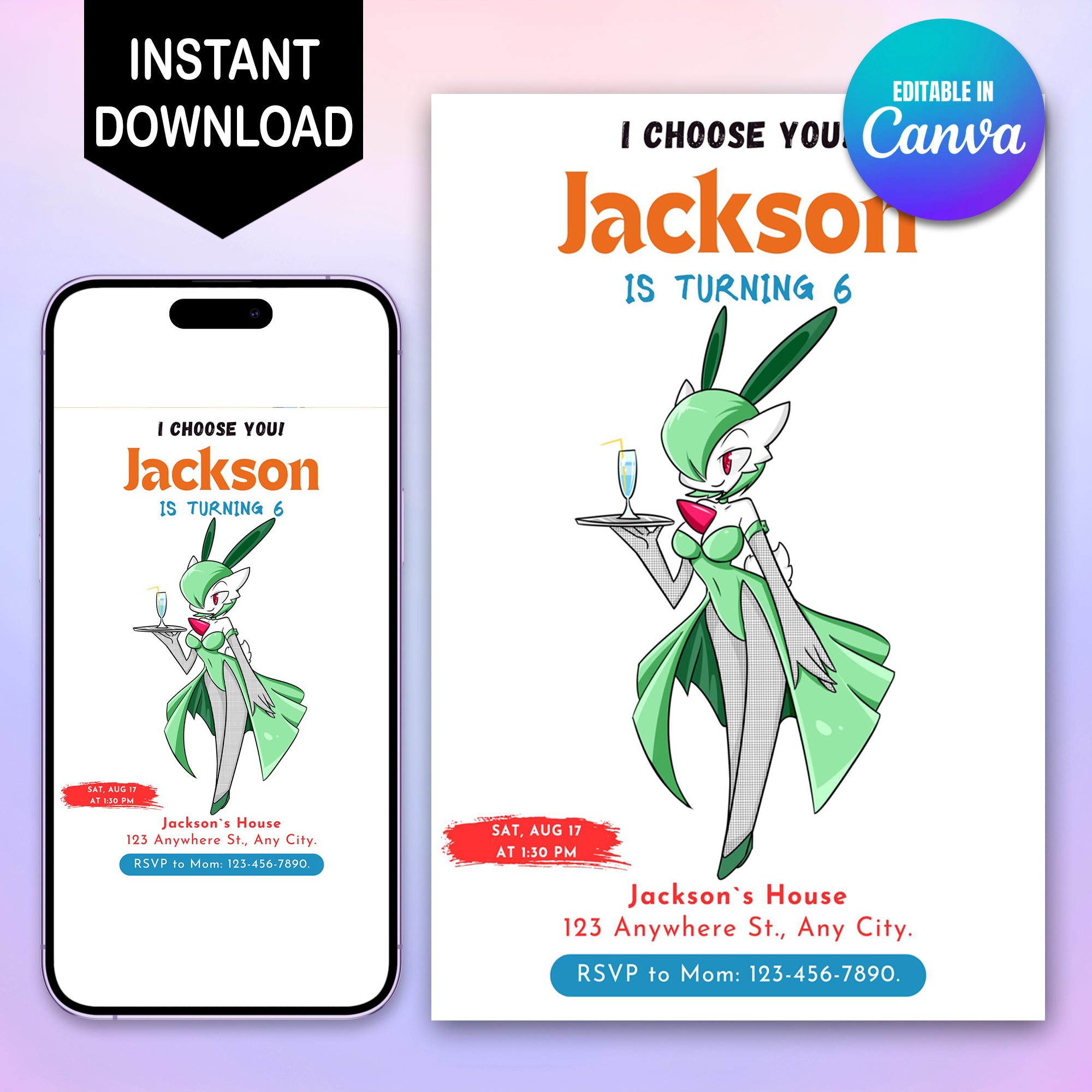 Gardevoir Birthday Party Invitation Template | Pokemon Invite ...
