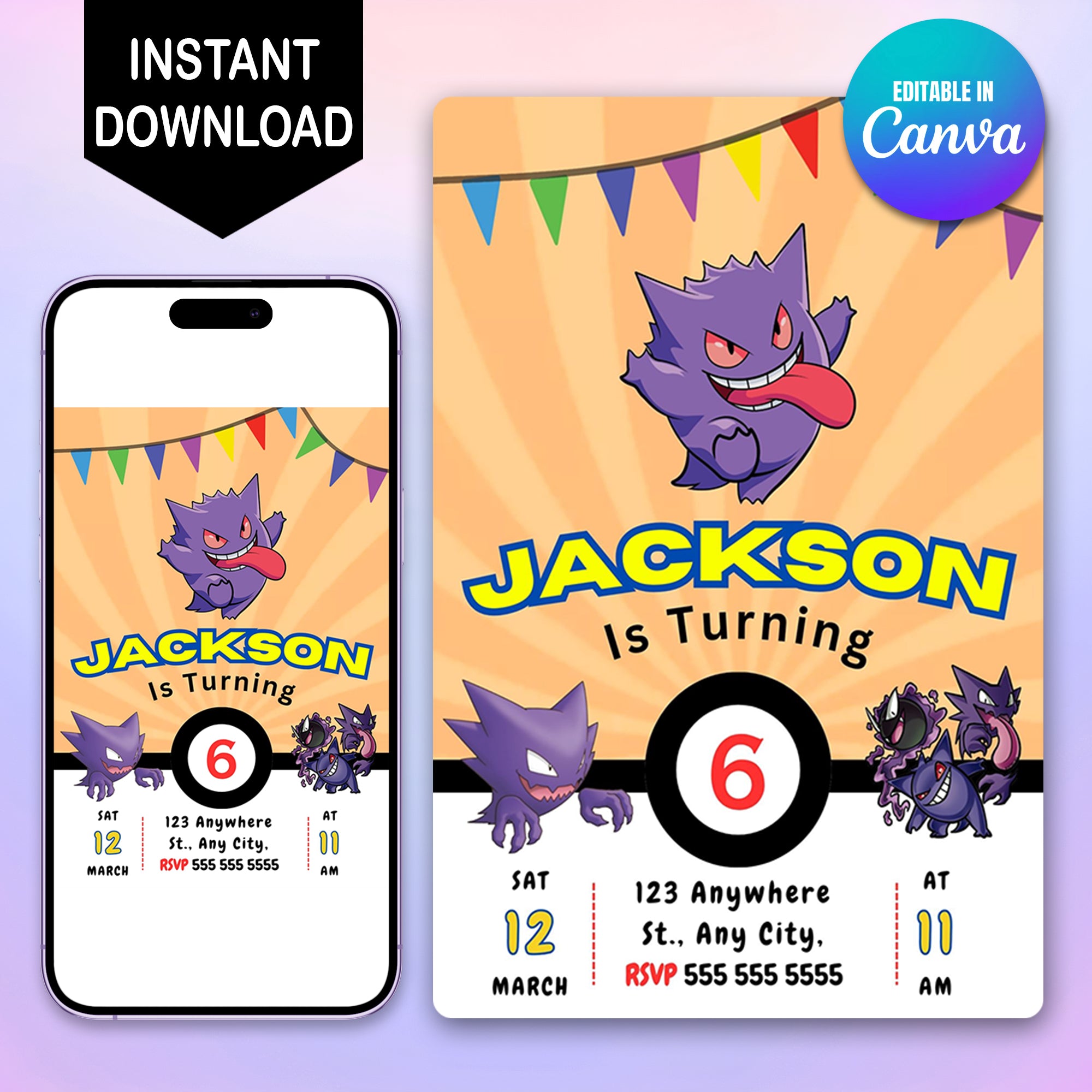 Gengar Pokemon Birthday Party Invitation Template – CreativeRino