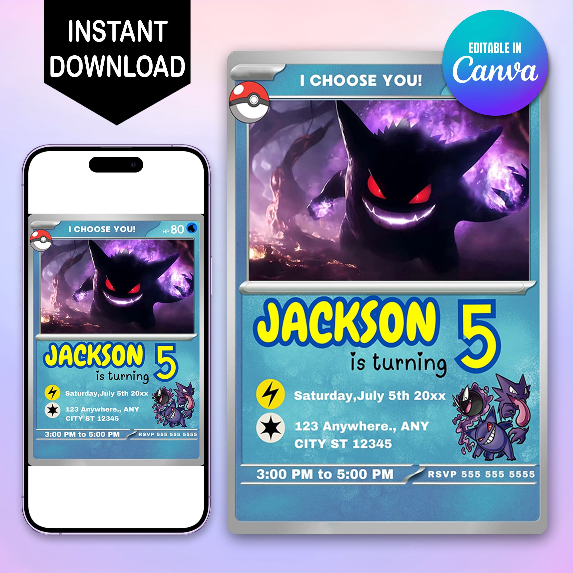 Gengar Invitation Template | Pokemon Card Birthday Invite – CreativeRino