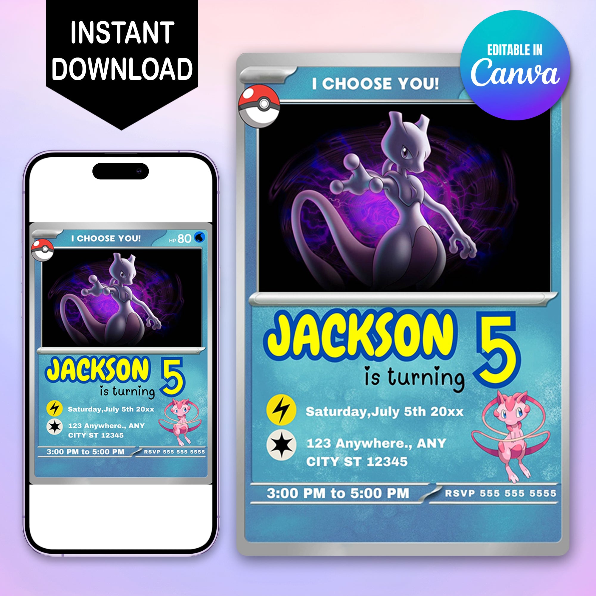 mewtwo Invitation Template | Pokemon Card Birthday Invite – CreativeRino