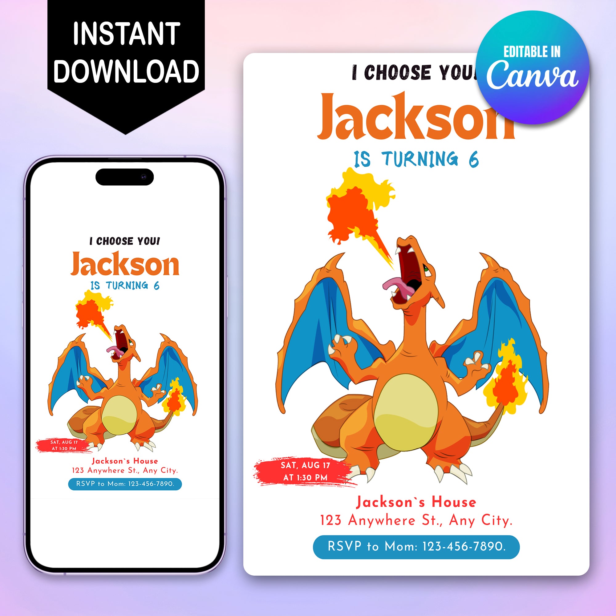Charizard Birthday Party Invitation Template | Pokemon Invite ...