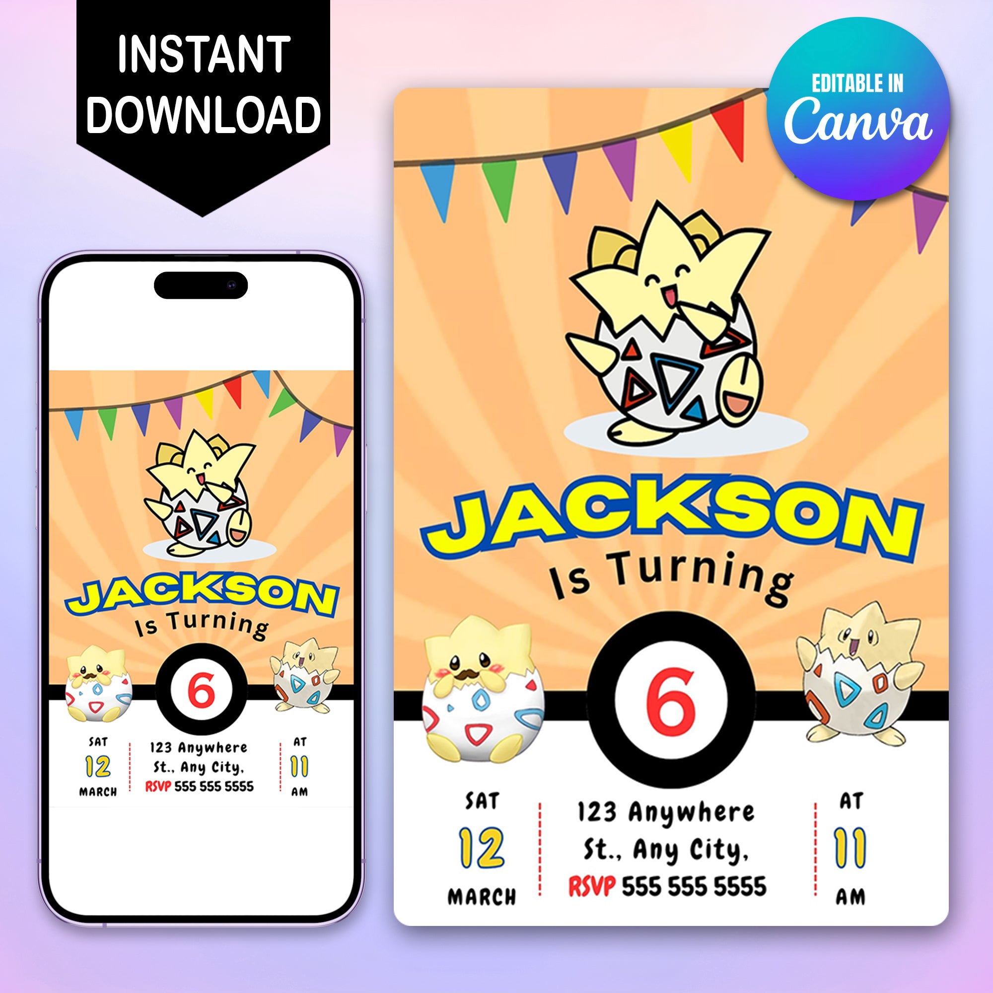 Togepi Pokemon Birthday Party Invitation Template – CreativeRino