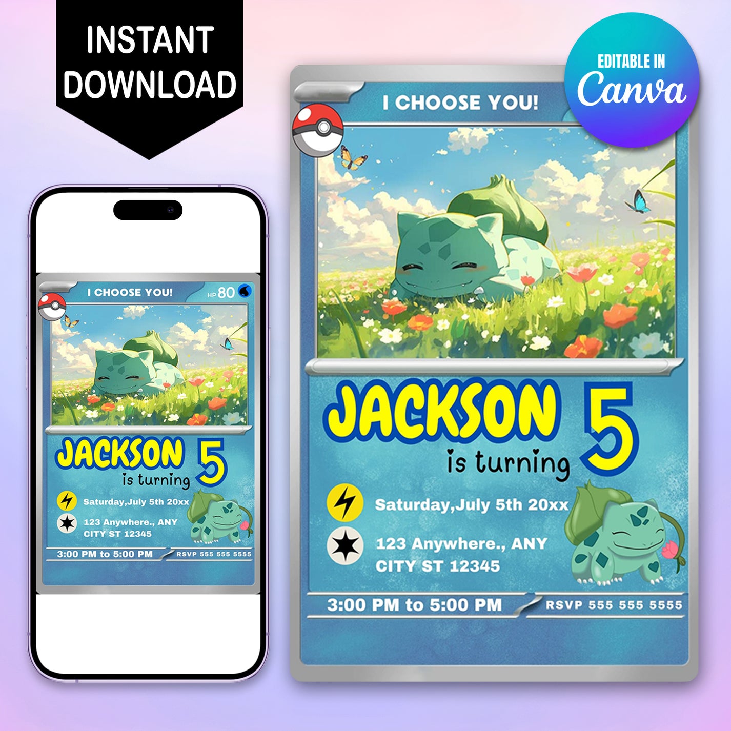 Bulbasaur Invitation Template | Pokemon Card Birthday Invite – CreativeRino