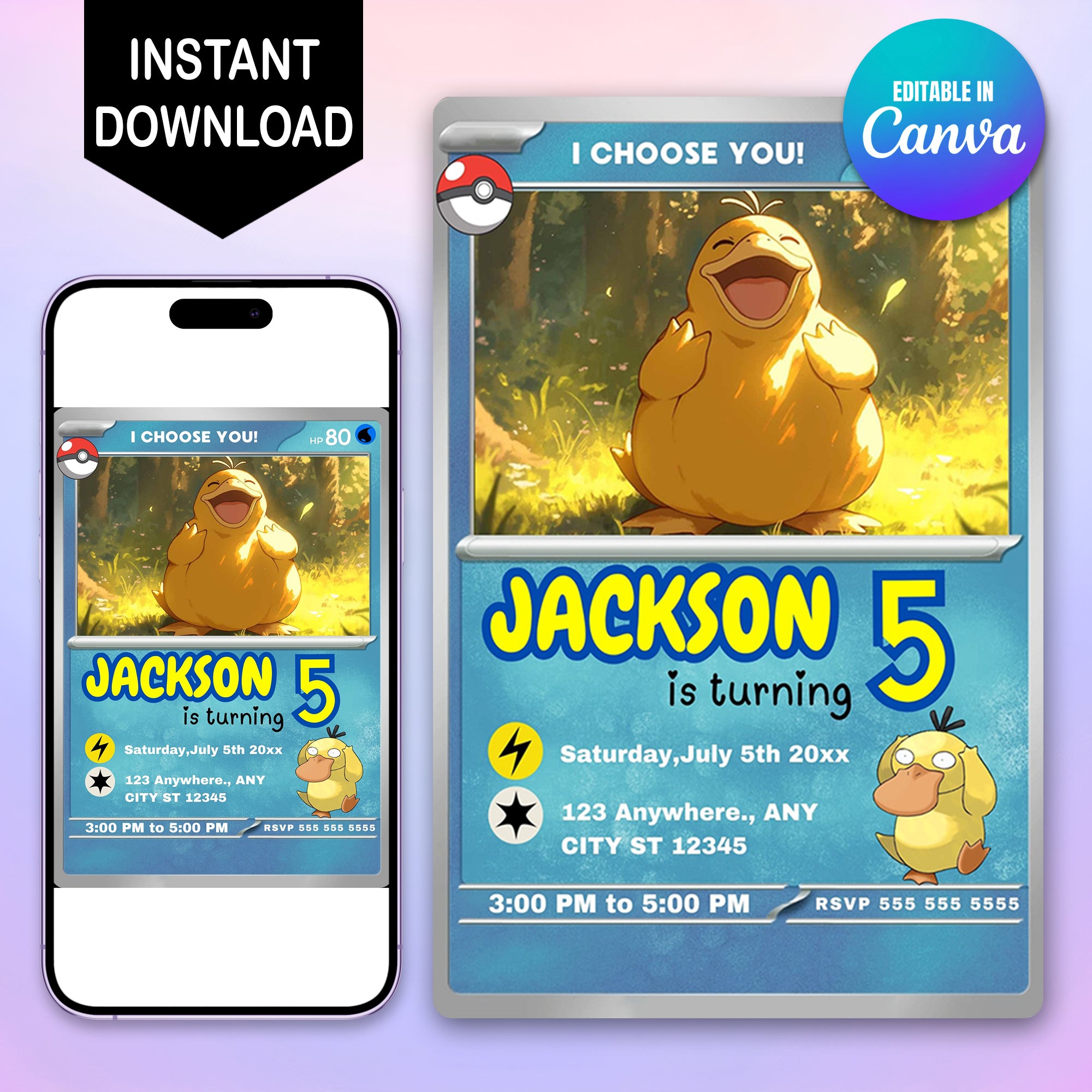 Psyduck Invitation Template | Pokemon Card Birthday Invite – CreativeRino