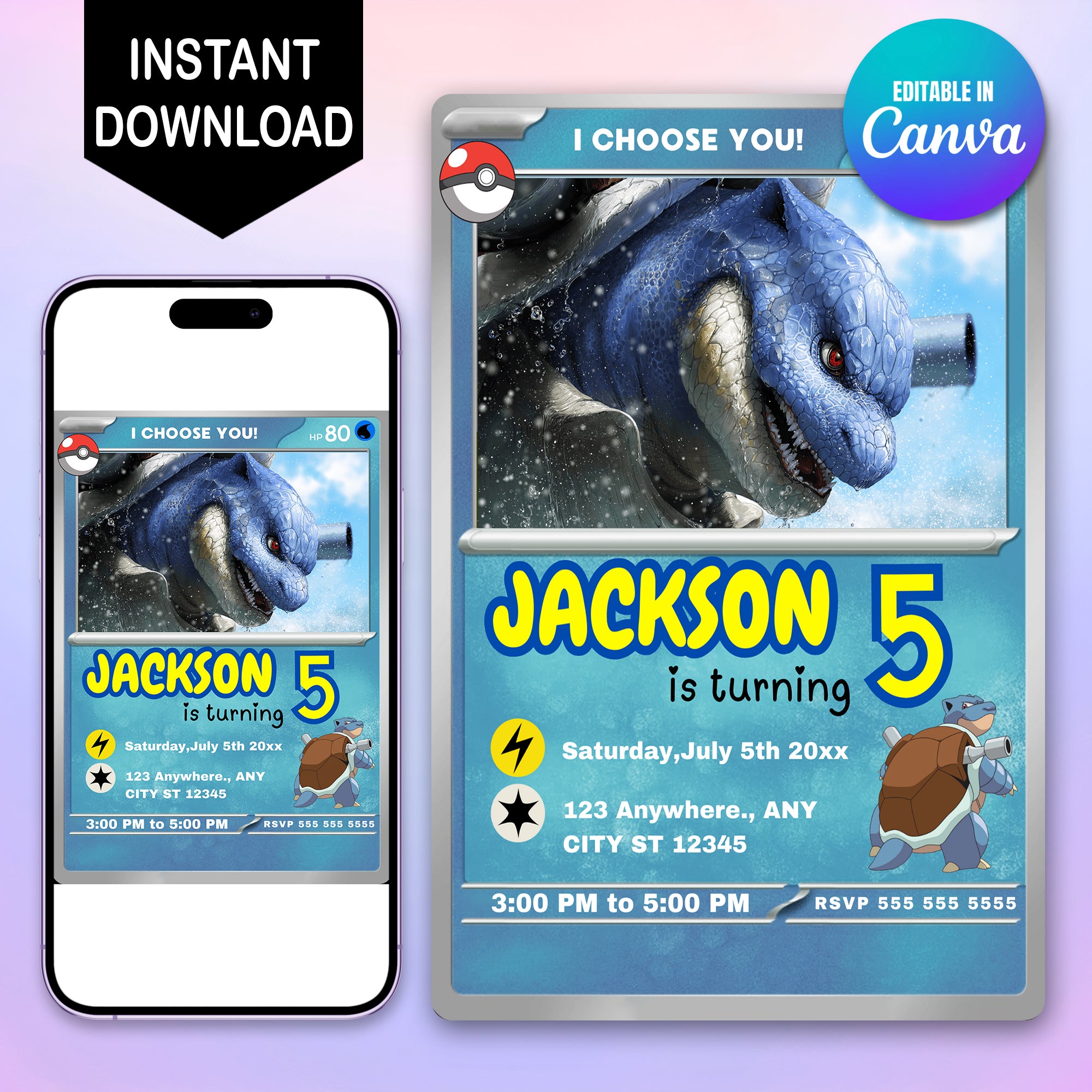 Blastoise Invitation Template | Pokemon Card Birthday Invite – CreativeRino