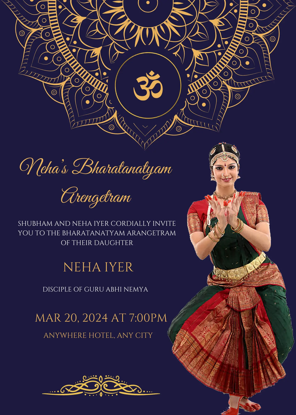 Arangetram Invitation Template | Indian Classical Dance Invite ...